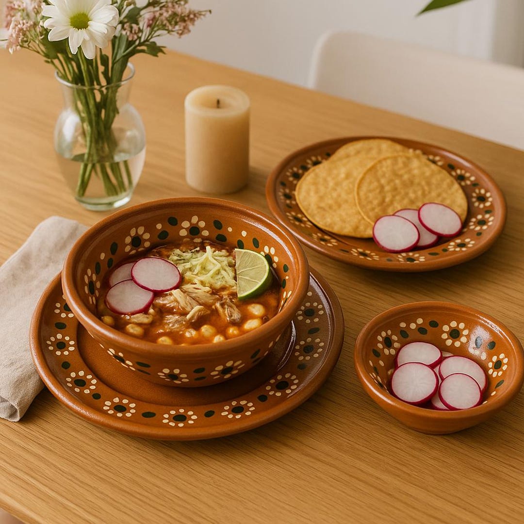 Mexican Clay Dinnerware Set – 4 Handmade Pozole Bowls With Plates ...
