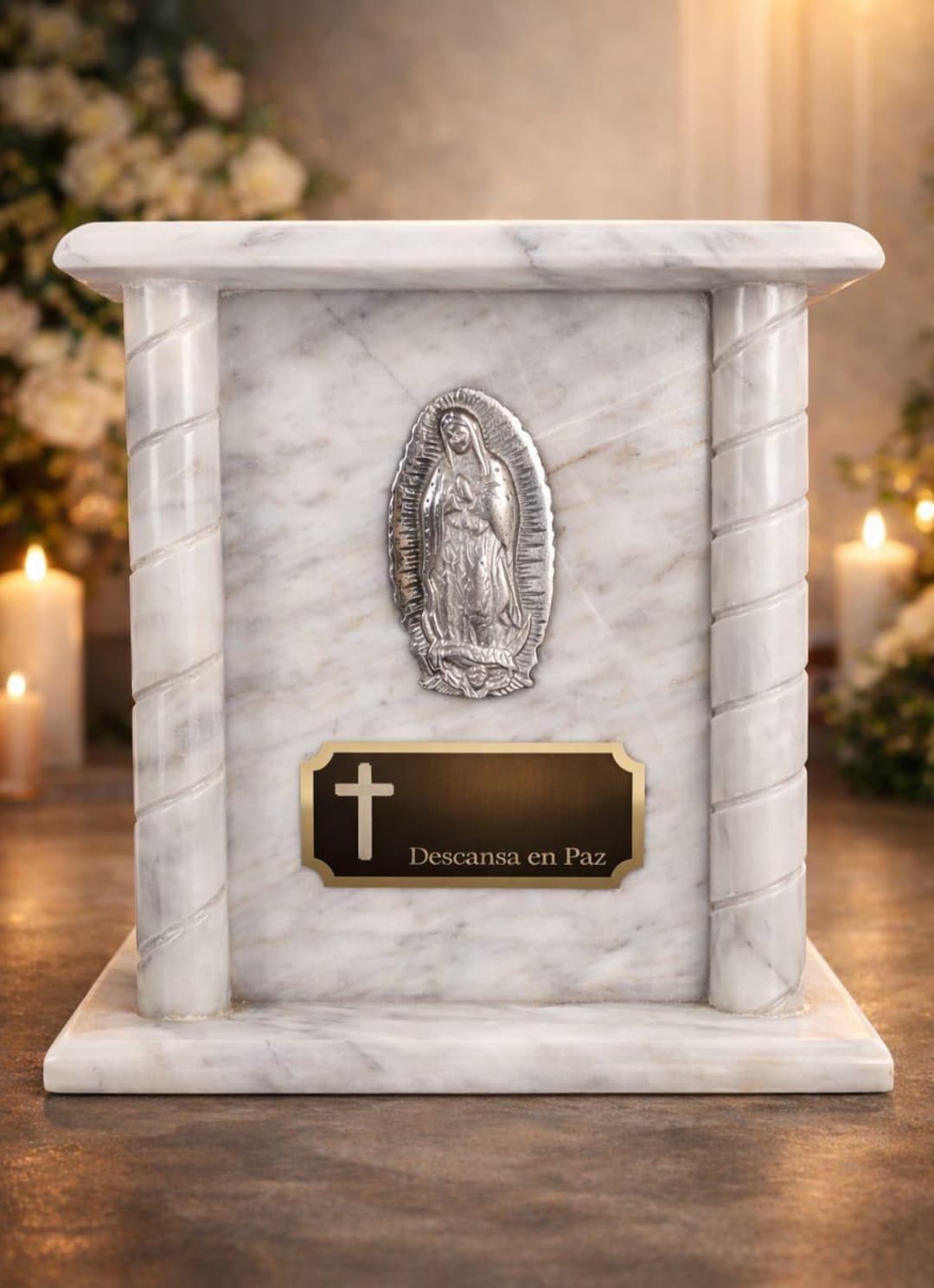 White Marble Cremation Urn for Ashes – Virgin of Guadalupe Funeral Urn ...