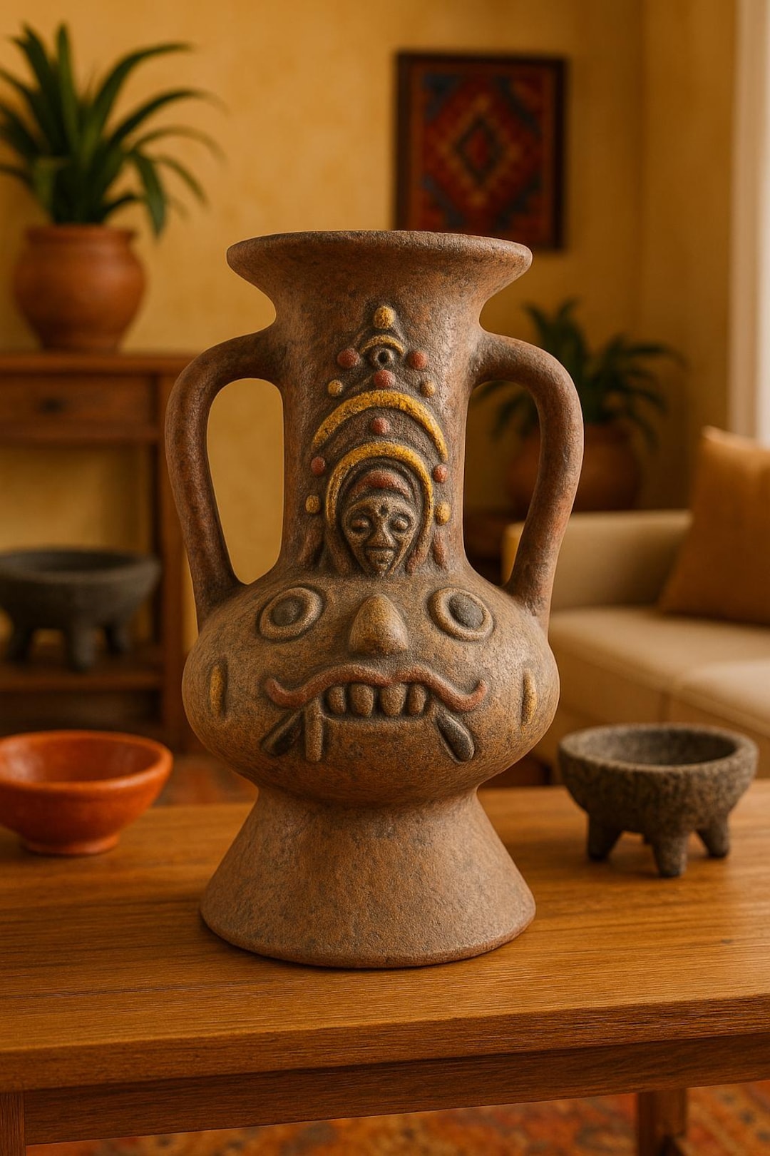 Handcrafted Pre-columbian Style Clay Vessel – Aztec Inspired Face ...