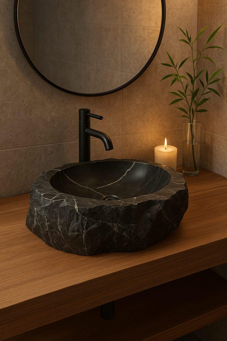 Hand‑carved Natural Stone Vessel Sink – Rustic Bathroom Vanity Bowl ...