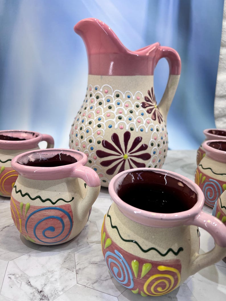 Mexican Ceramic Pitcher Set With 6 Matching Mugs – Hand Painted Pottery ...
