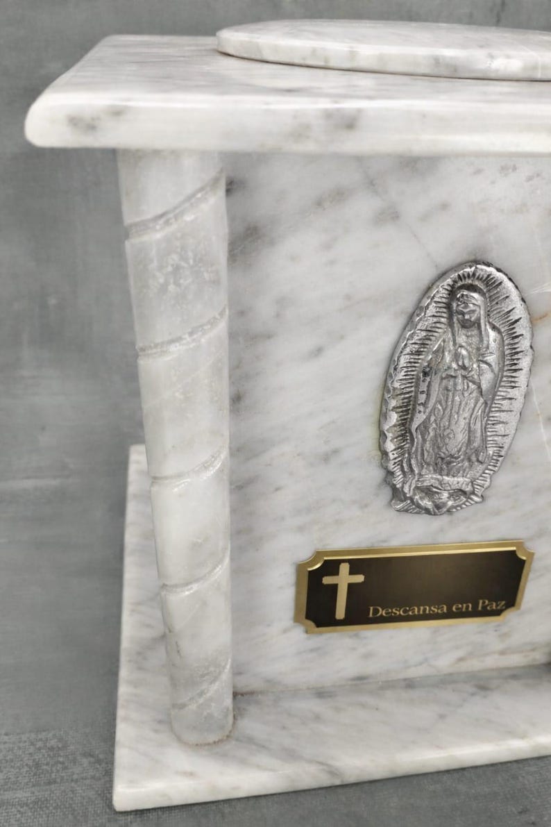 White Marble Cremation Urn for Ashes – Virgin of Guadalupe Funeral Urn ...