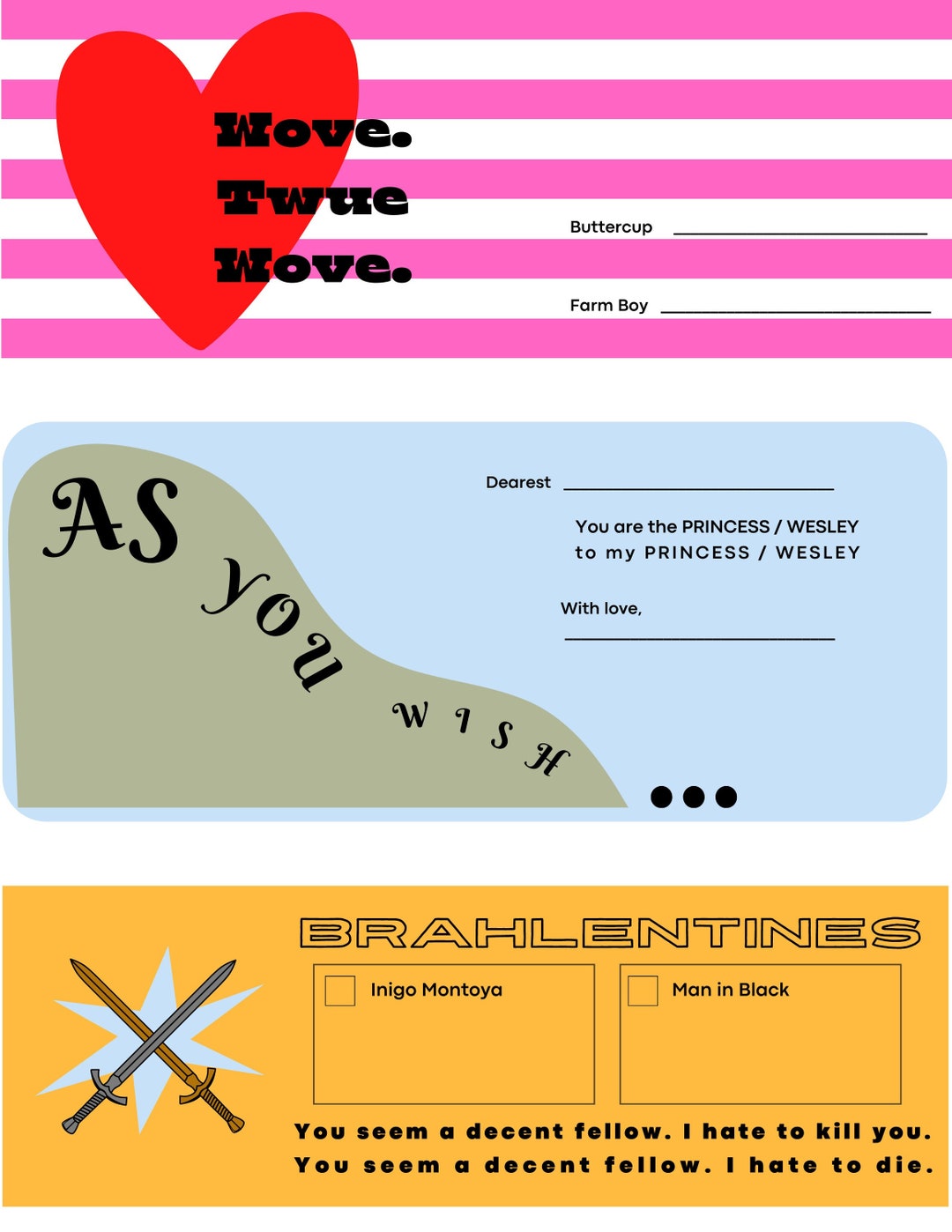 Printable Princess Bride Valentine Cards for Kids and Adults wesley ...