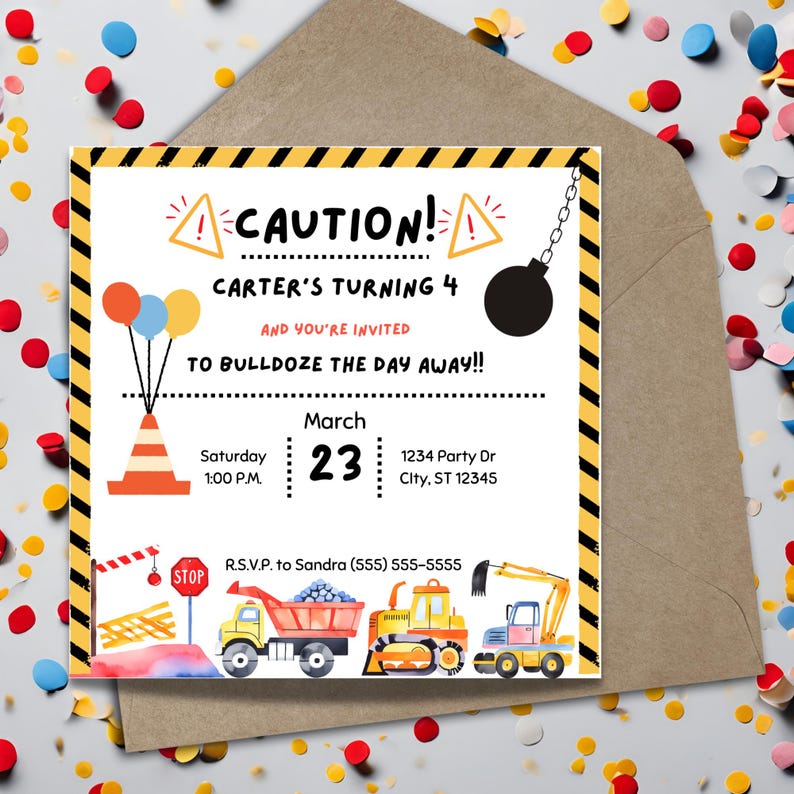 Boy's Bulldozer Birthday Party Invitation - Construction Theme ...