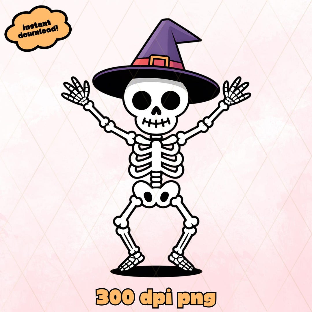 Dancing Skeleton Witch Hat PNG, Cute Halloween Skeleton Clipart, Spooky ...