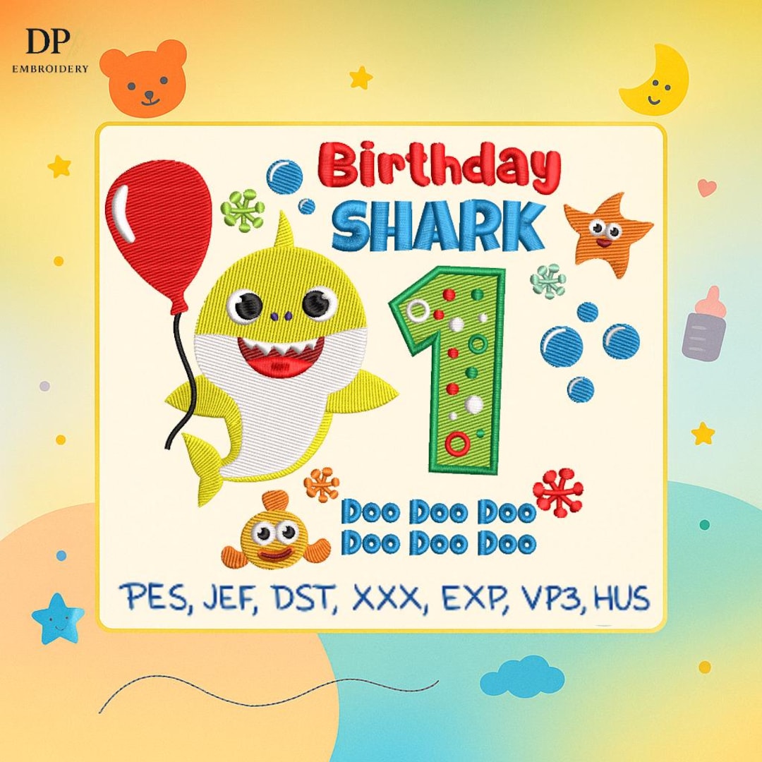 Birthday Shark Embroidery Design | First Birthday Applique (digital ...