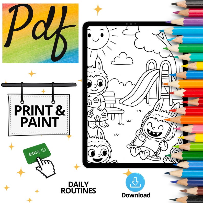 Labubu Daily Routines Coloring Pages for Kids • 20 Printable PDF Sheets ...
