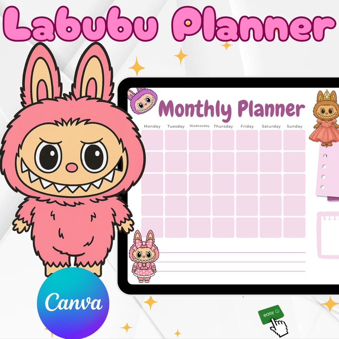Editable Labubu Canva Planner – Cute Daily & Monthly Kawaii Pink Purple ...