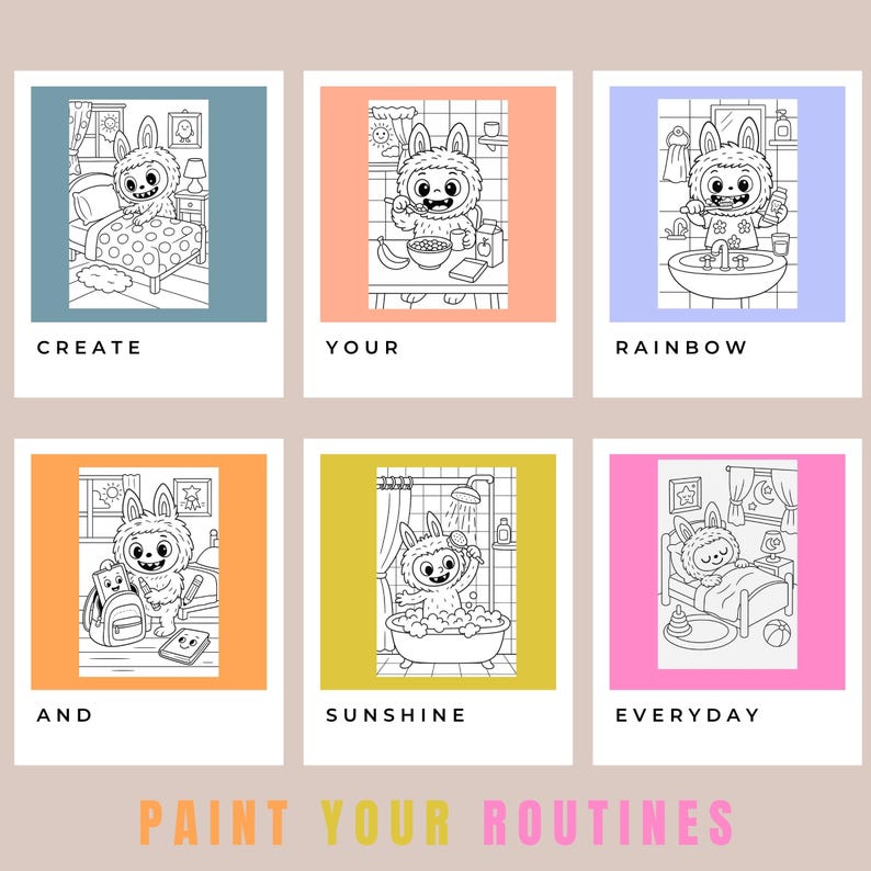 Labubu Daily Routines Coloring Pages for Kids • 20 Printable PDF Sheets ...