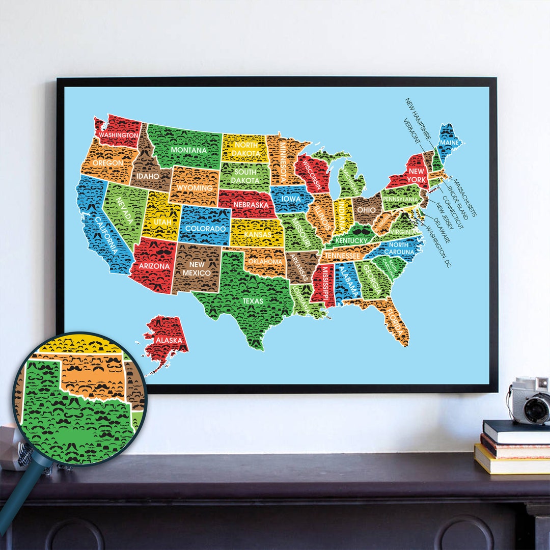 Mustache USA Travel Map Wall Art Print, Wanderlust Housewarming Poster ...