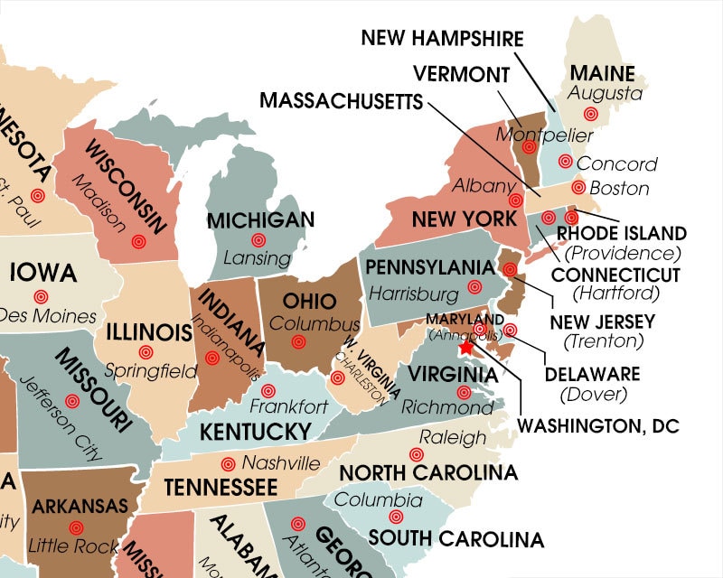 USA Map With State Capitals Wall Art Print, United States Map With ...