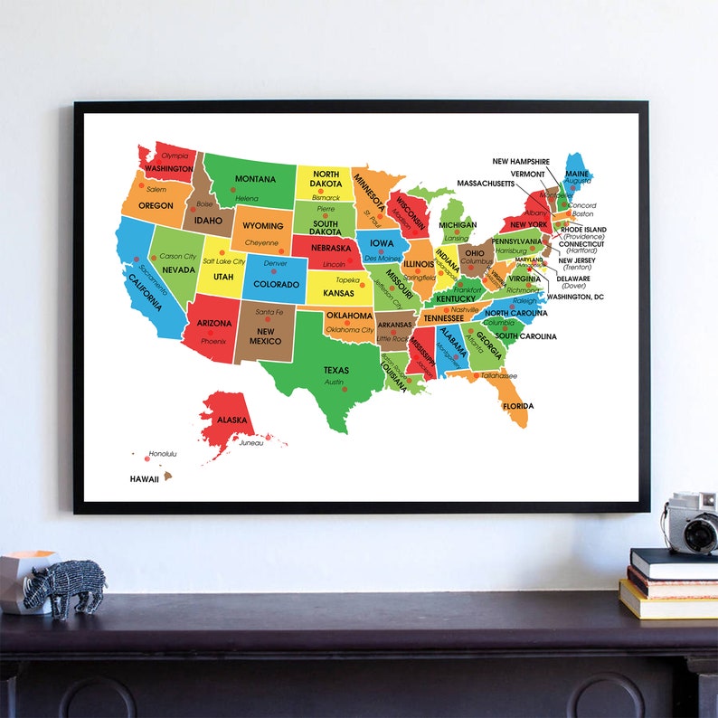 USA Map Print With State Capitals Wall Decor Poster (multiple Colors ...