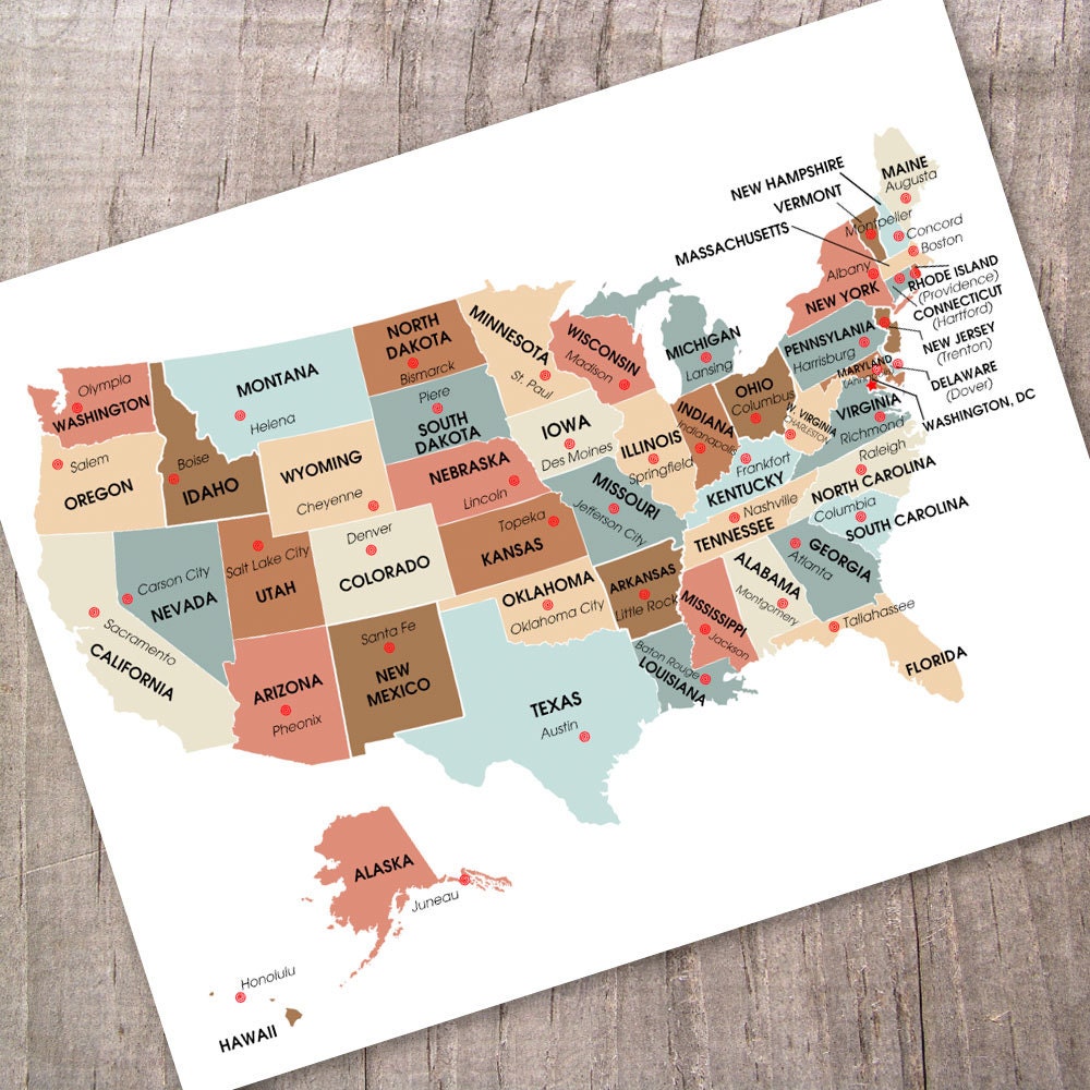USA Map Print With State Capitals Wall Decor Poster (multiple Colors ...
