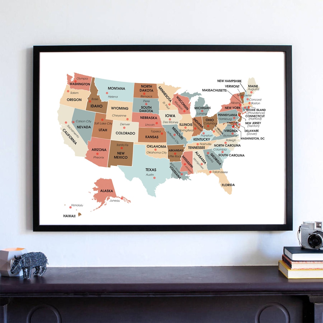 USA Map Print With State Capitals Wall Decor Poster (multiple Colors ...