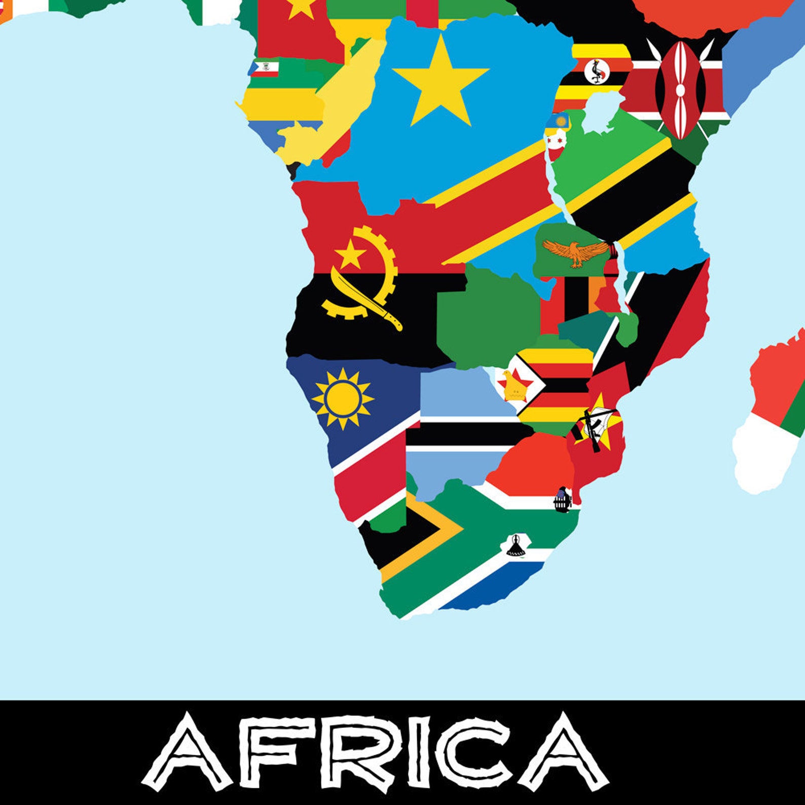 Africa Flag Map Art Print, Colorful Africa Poster, Housewarming Africa ...