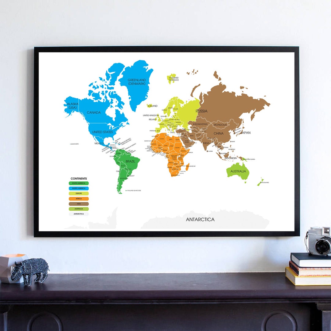 World Map Continents, Travel Map, World Map Wall ART PRINT - Etsy