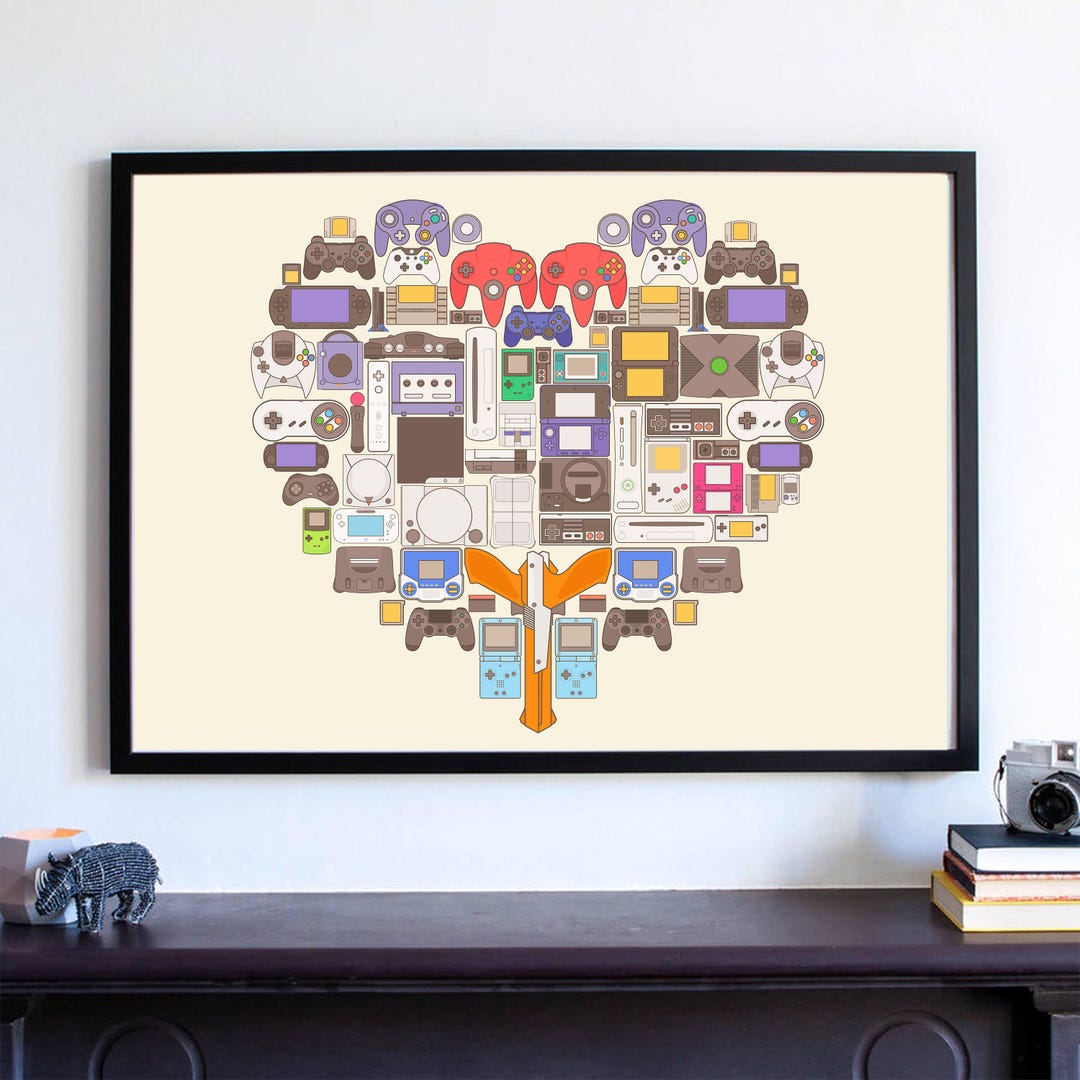 I Love You Heart Gaming Poster, Video Gamer Art Print, Game Controllers ...