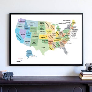 USA Map With State Capitals Wall Art Print, United States Map With ...