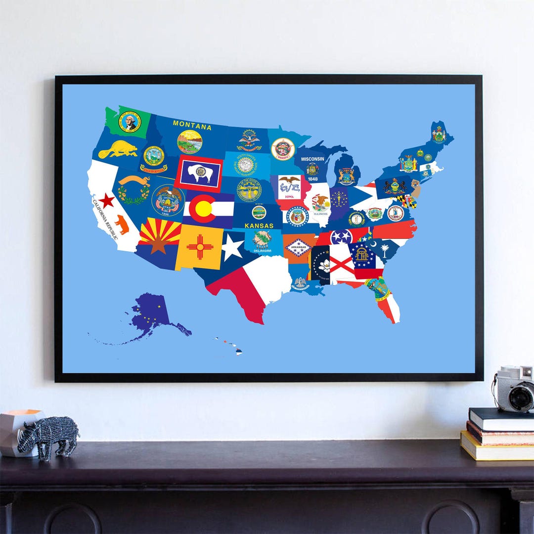 Map of USA With State Flags: Stylish State Flags Map for Dorm Room ...
