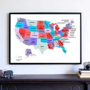 USA Map With State Capitals Wall Art Print, United States Map With ...