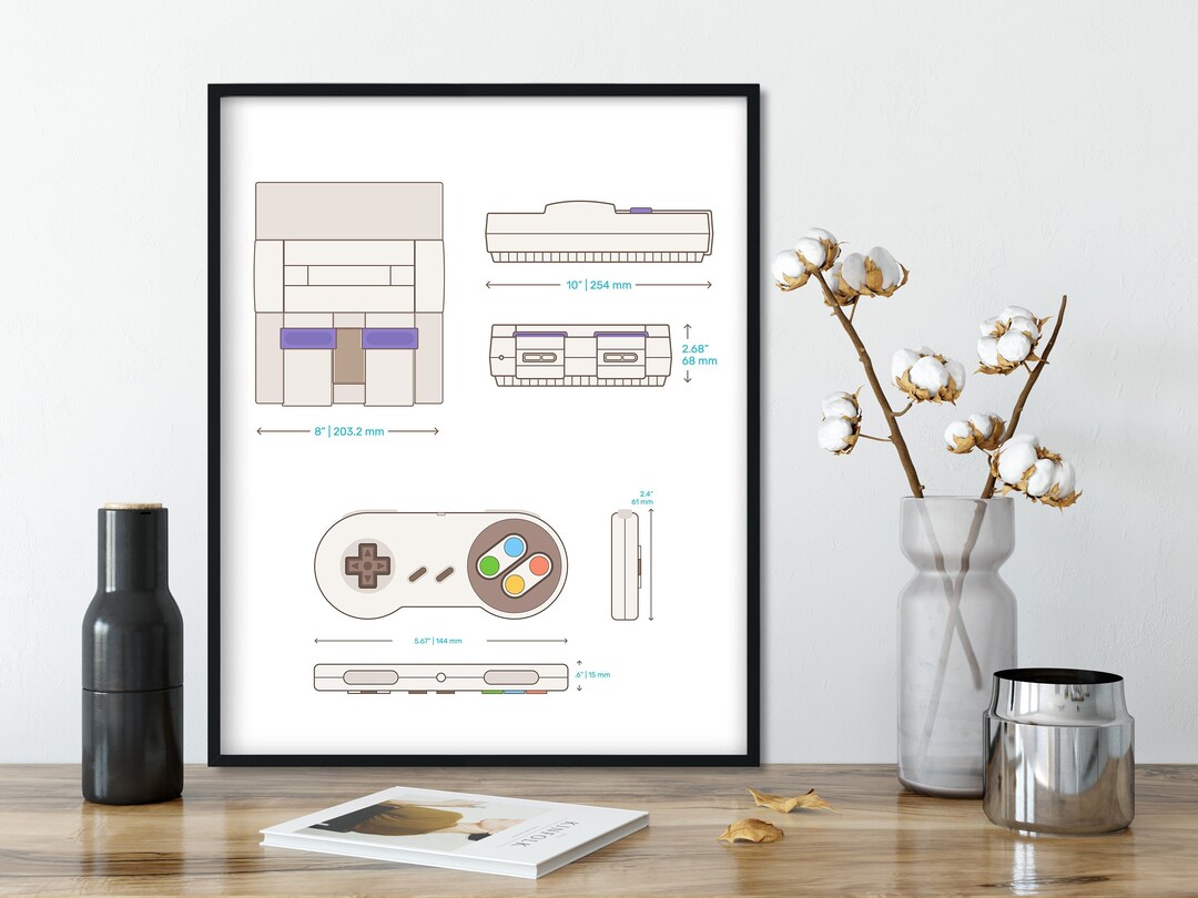 SNES Retro Video Gaming Console Decor | Dimensions Patent Prints Video ...