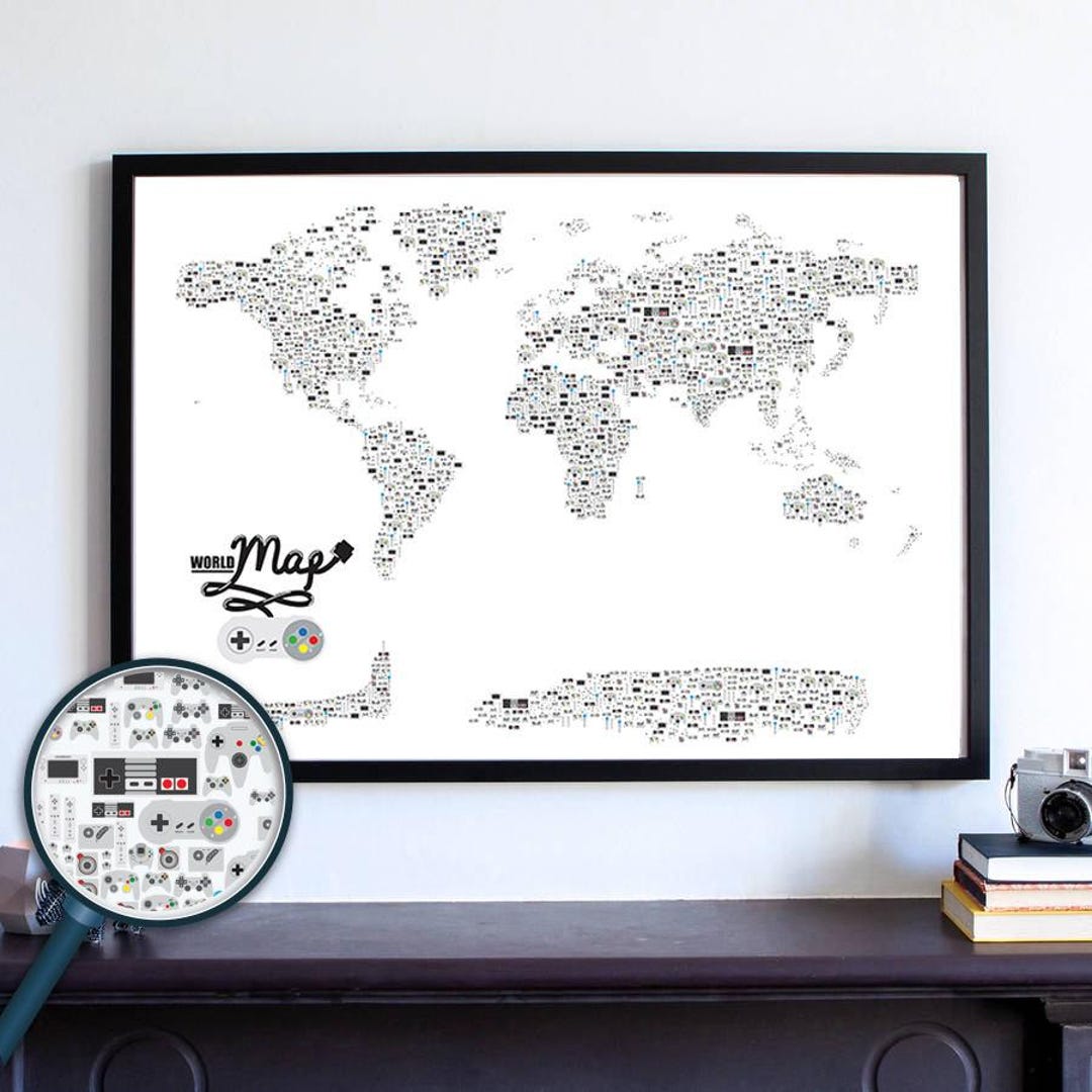 Retro Gaming World Map Poster With Video Game Consoles - Perfect Gift ...