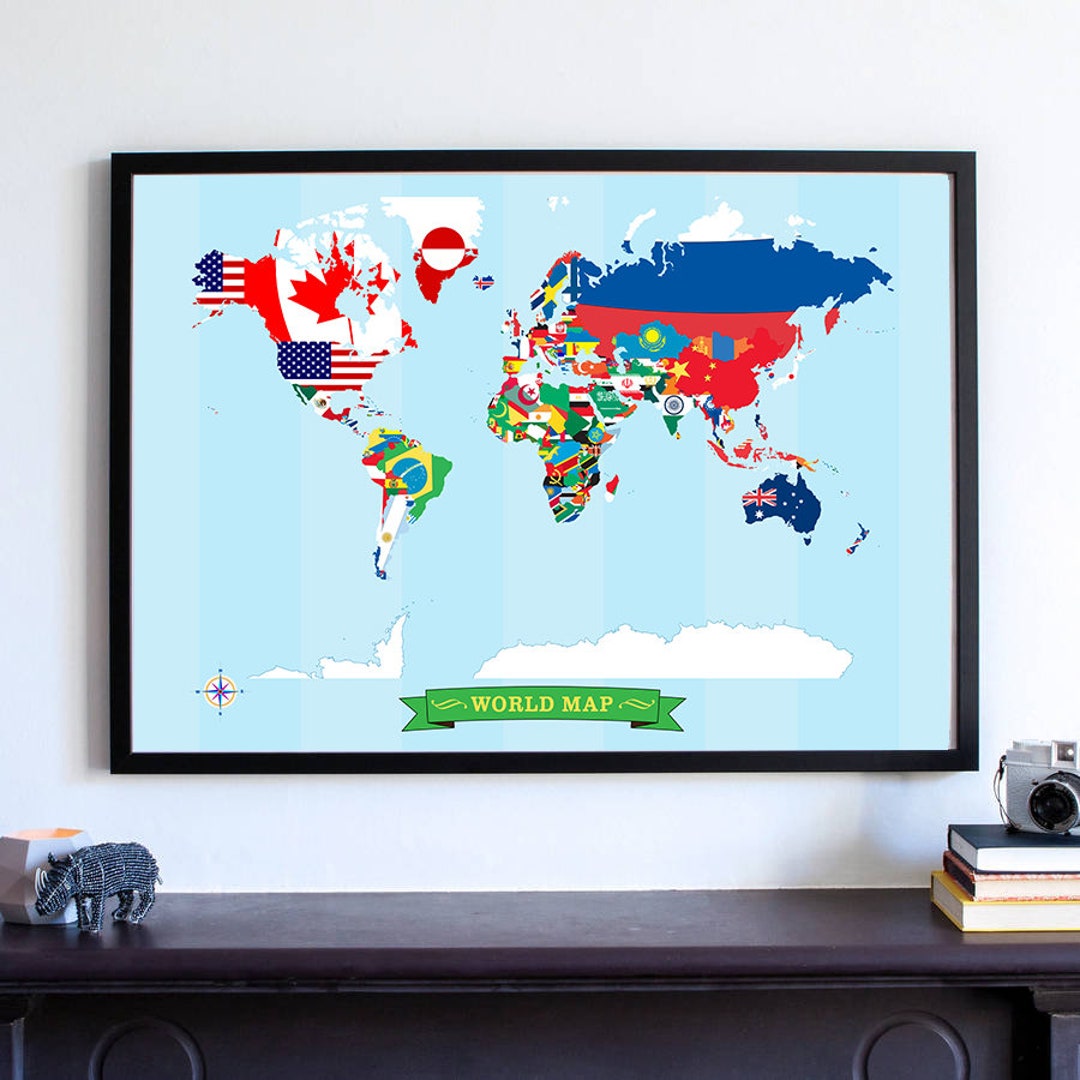 World Map With Flags Wall Art Print, House Staging Wall Art Wanderlust ...