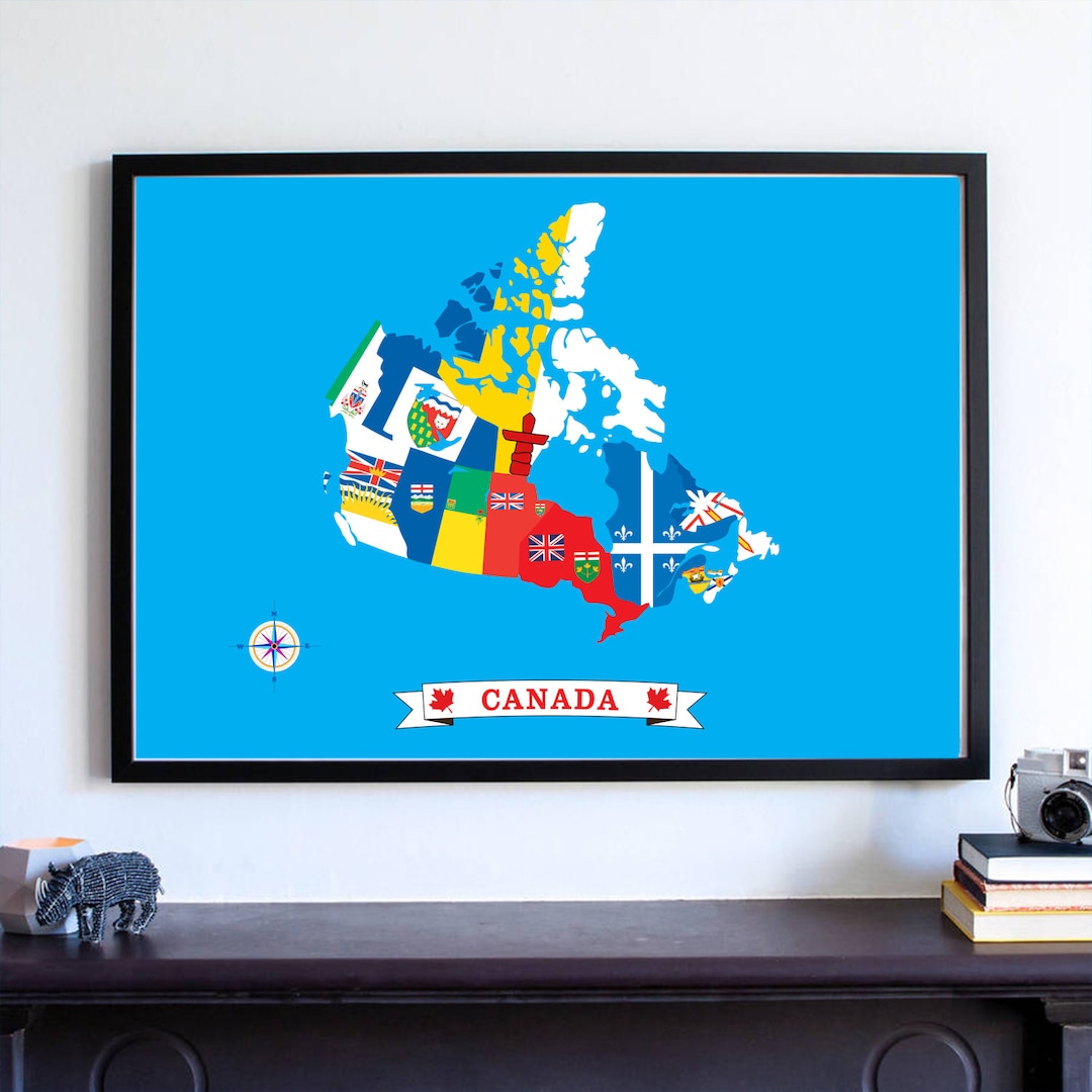 Canada Flag Map, Canadian Flag Poster, Flags of Canada, Map of Canada ...