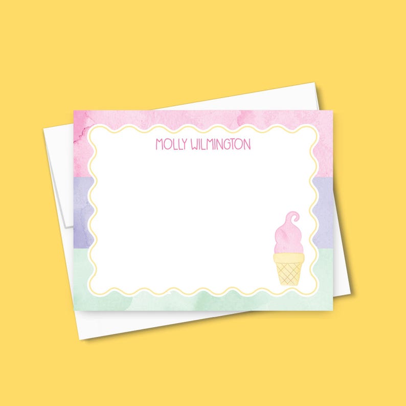 Personalized Ice Cream Cones Note Cards: Watercolor Kids Stationery Set ...