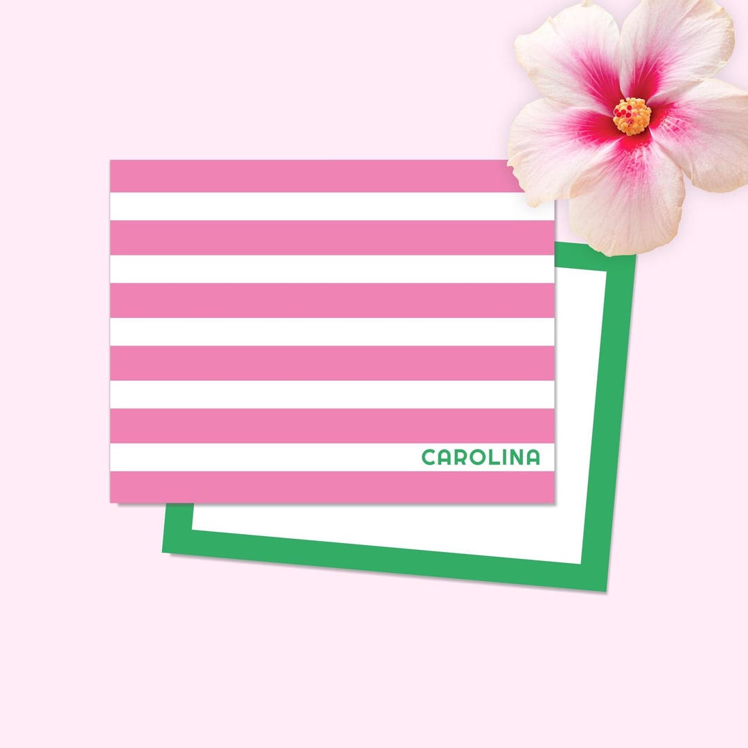 Personalized Preppy Note Cards: Pink & Green Stripes Flat Stationery ...