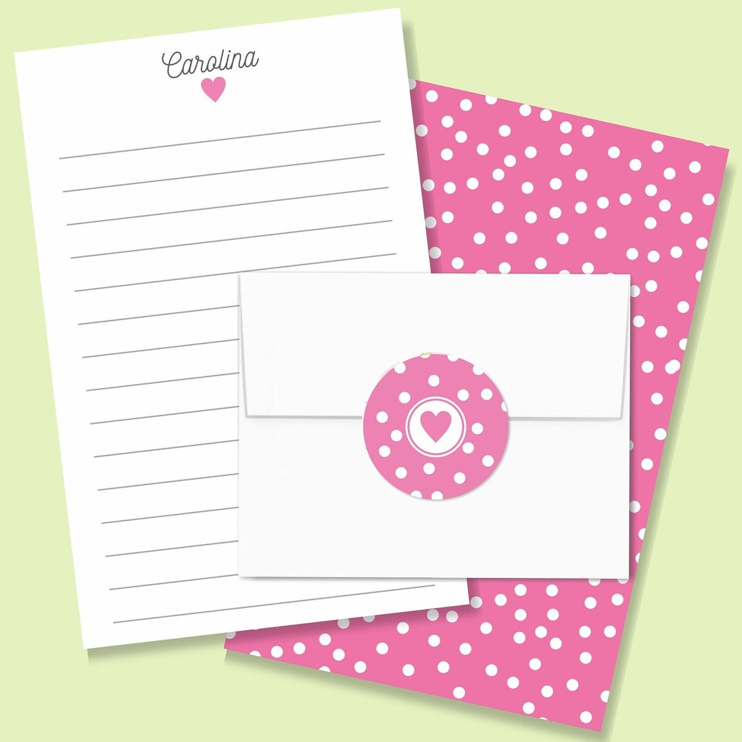 Personalized Girl's Letter Writing Set, Cute Heart and Polka Dots Lined ...