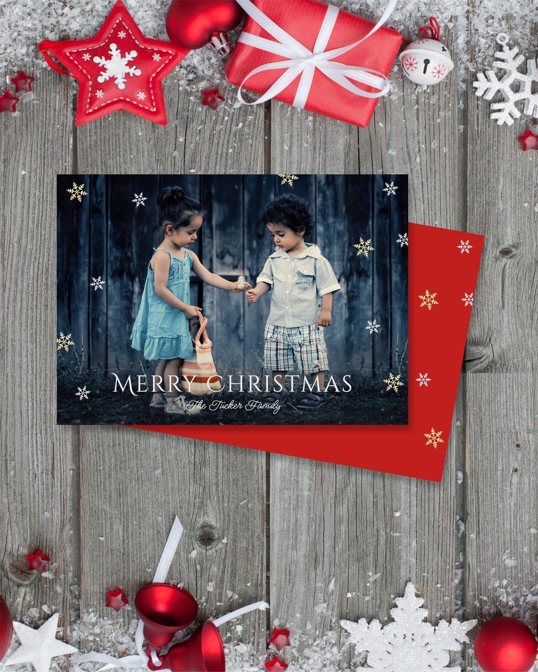 Personalized Christmas Photo Card, Gold Snowflakes Family Holiday ...