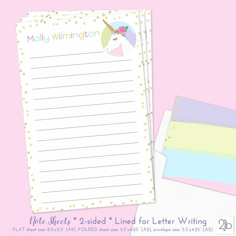 Personalized Girl's Stationery Letter Paper, Unicorn Letter Writing Set ...