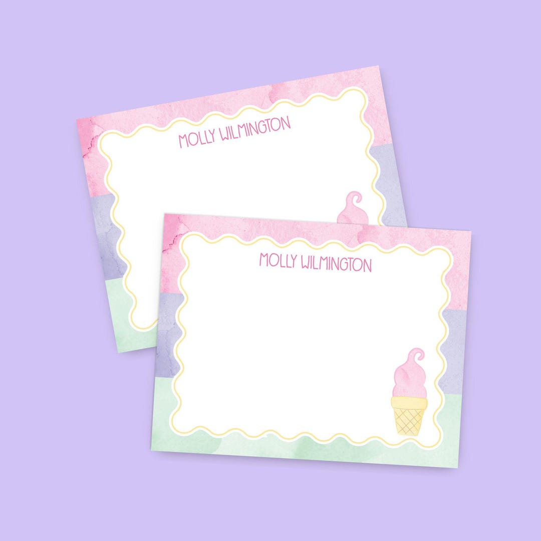 Personalized Ice Cream Cones Note Cards: Watercolor Kids Stationery Set ...