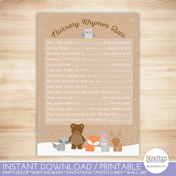 Woodland Baby Shower Nursery Rhyme Quiz Game PRINTABLE | Etsy