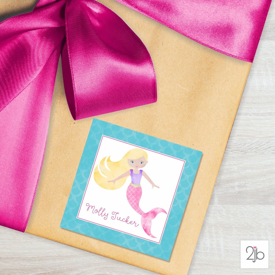 Personalized Watercolor Mermaid Calling Cards, Girls Square Stickers or ...