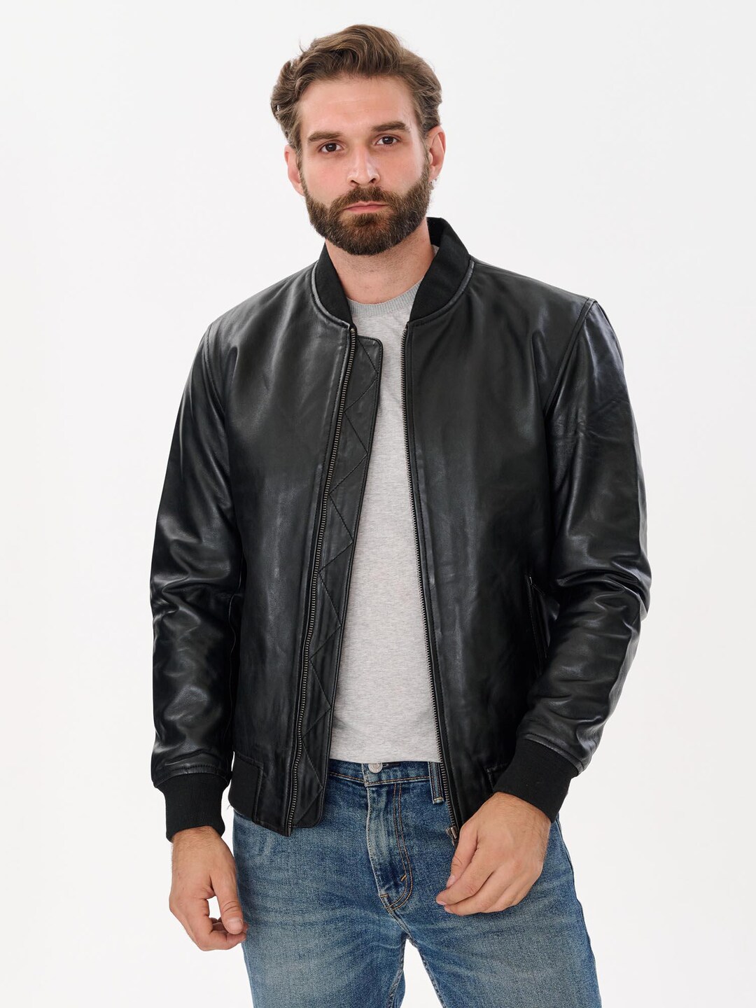 Brando London Classic Black Bomber Jacket Handmade Genuine Sheepskin ...