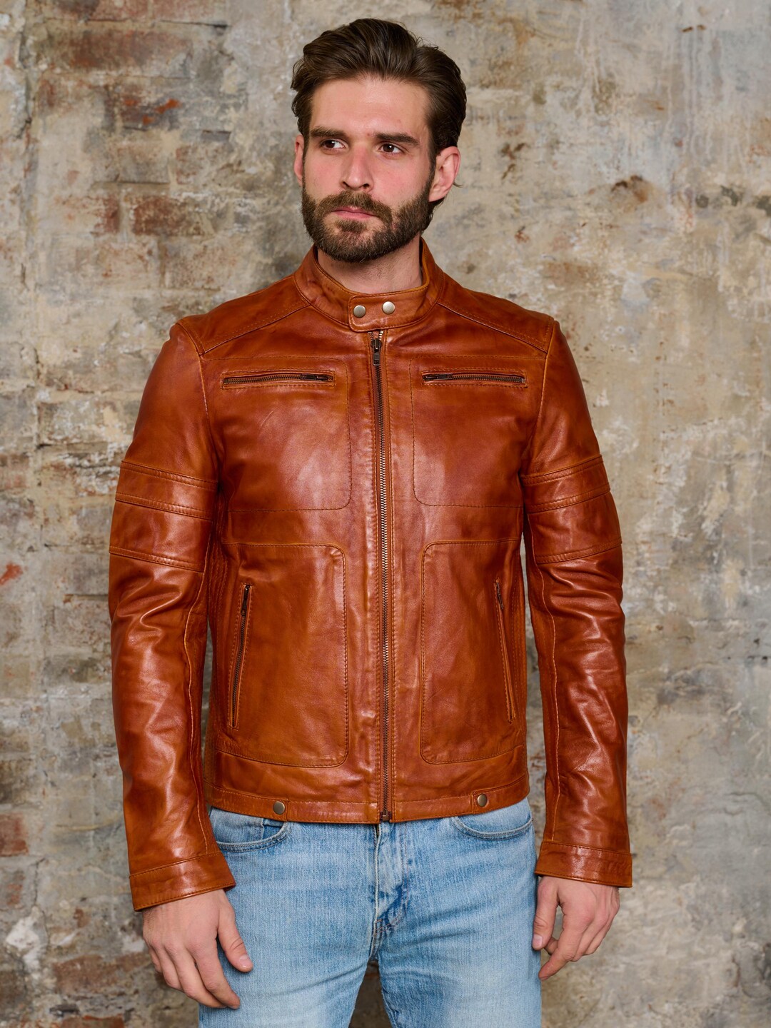 Brando London Brown Cafe Racer Jacket Men's Vintage Leather Jacket Slim ...