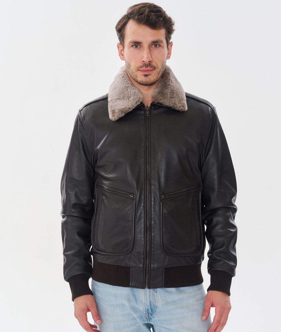 Brando London Men's Pilot Flight Leather Jacket With Fur Collar G1 ...