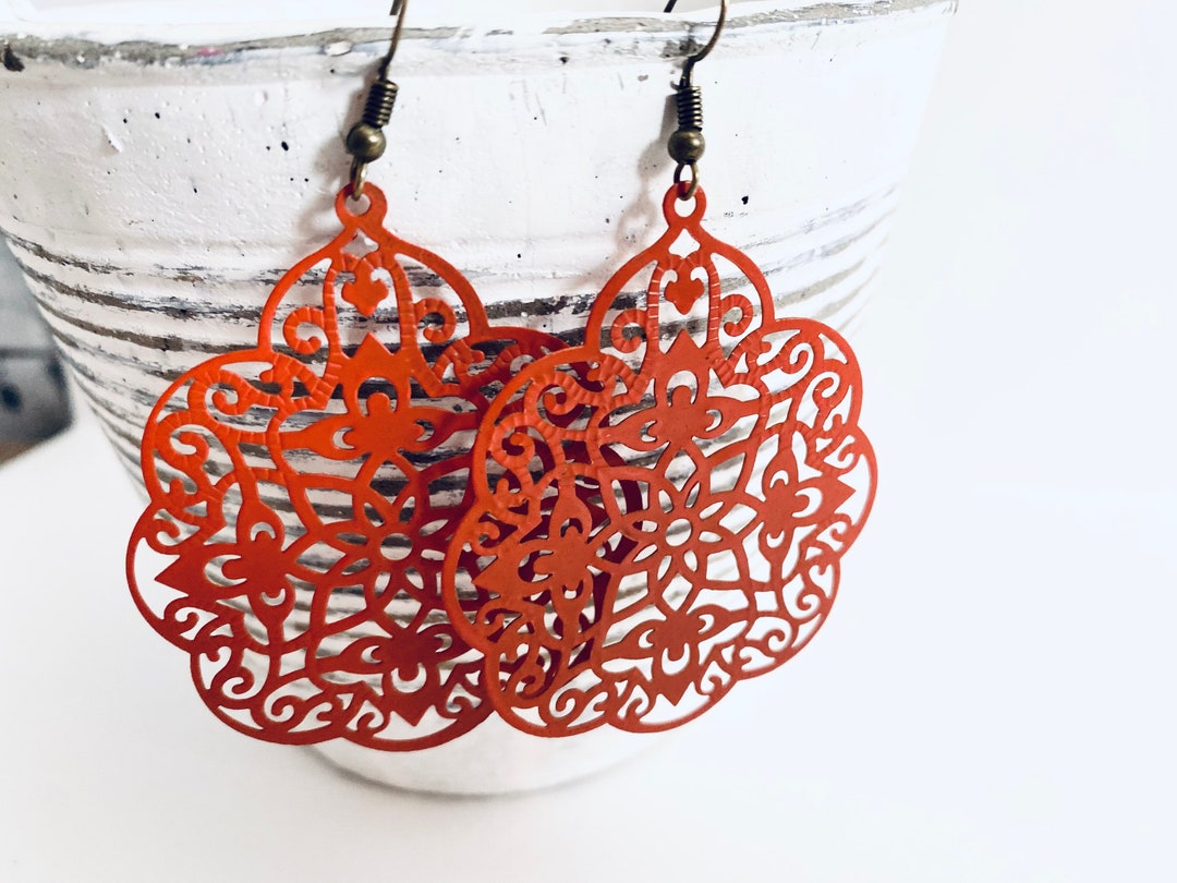 Burnt Orange Color Lacey Filigree Earrings, Earrings, Filigree Earrings ...