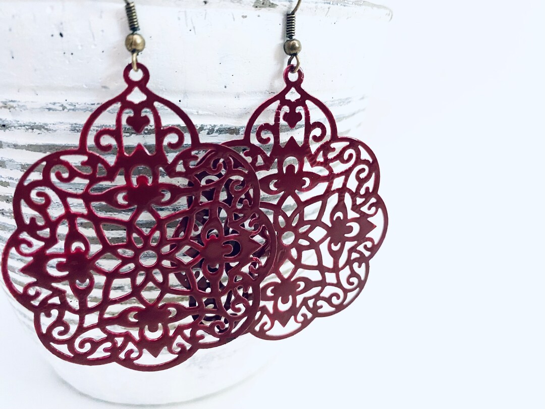 Dark Red Filigree Earrings, Handpainted Earrings, Bronze Filigree ...