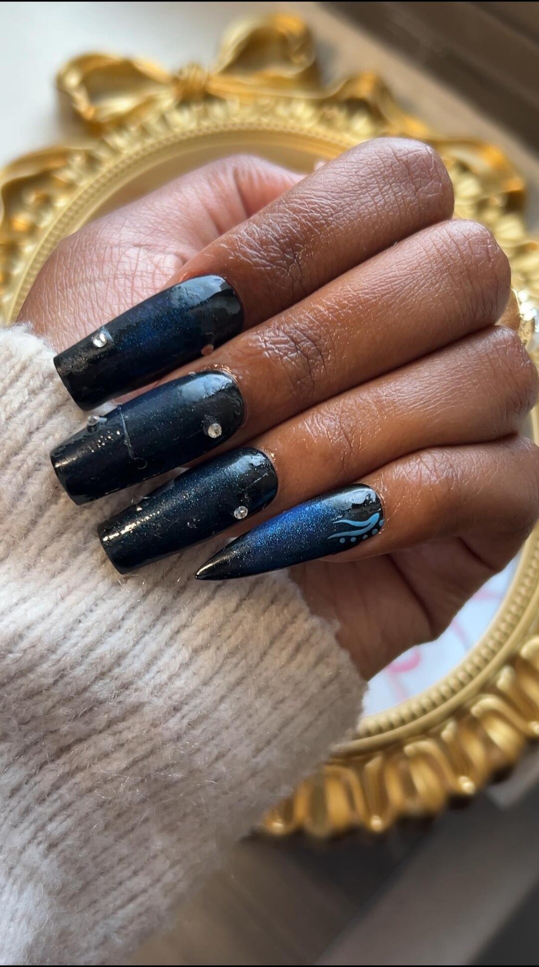 Midnight Blue Long Square Press on Nails | Galaxy Theme With Silver ...