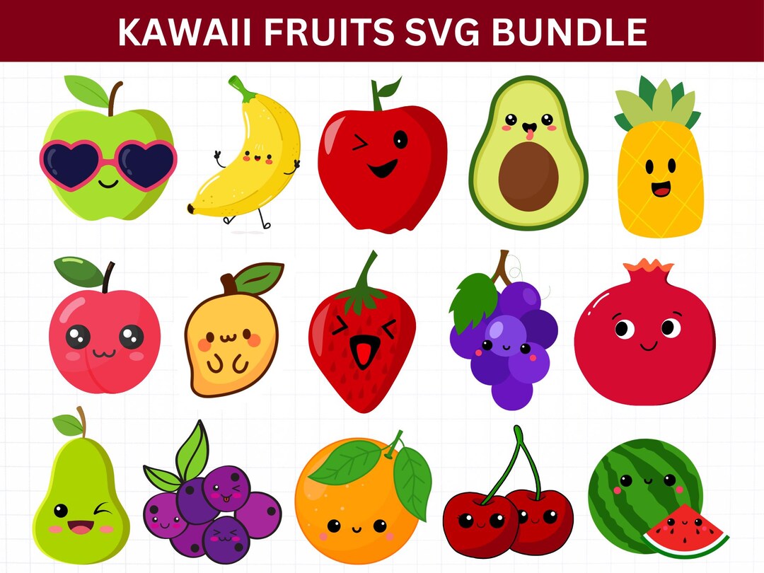 Kawaii Fruit Svg, Kawaii Fruit Clipart, Tropical Fruit Svg, Happy Fruit ...
