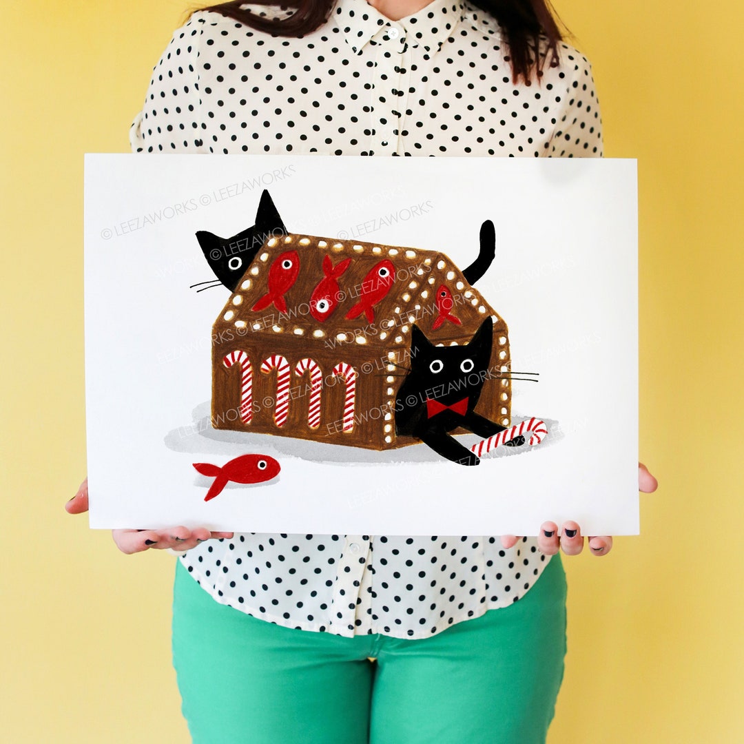 Gingerbread House Cats! Black Cat Art Print, Cat Christmas, Holidays ...