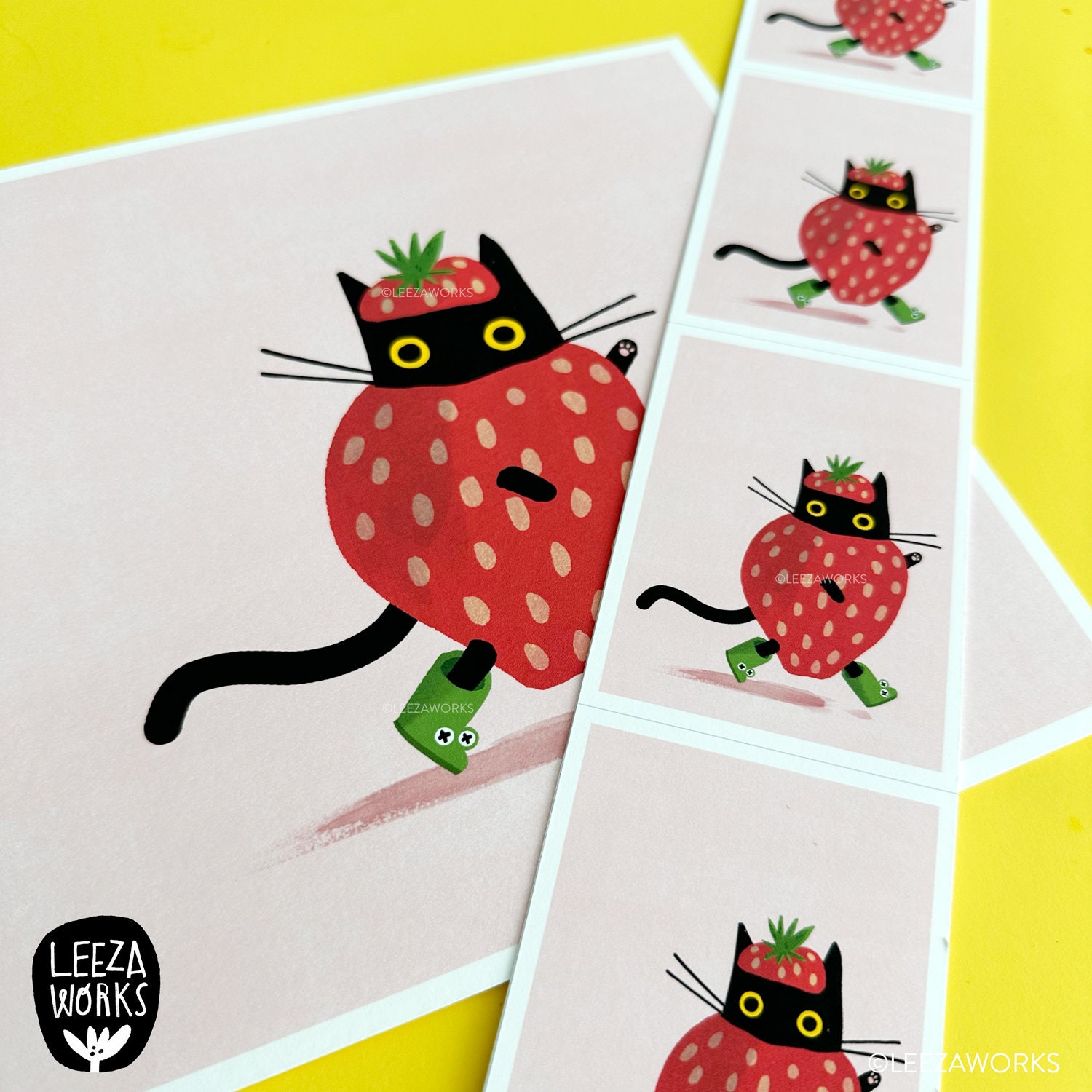 BERRY NICE! Black Cat in a Strawberry Art Print, Cat-themed Wall Art ...