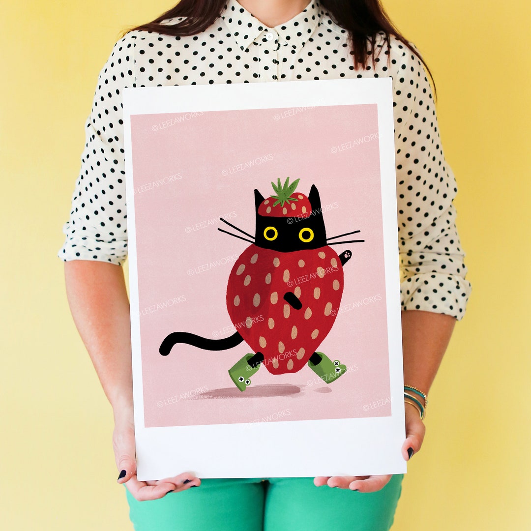 BERRY NICE! Black Cat in a Strawberry Art Print, Cat-themed Wall Art ...