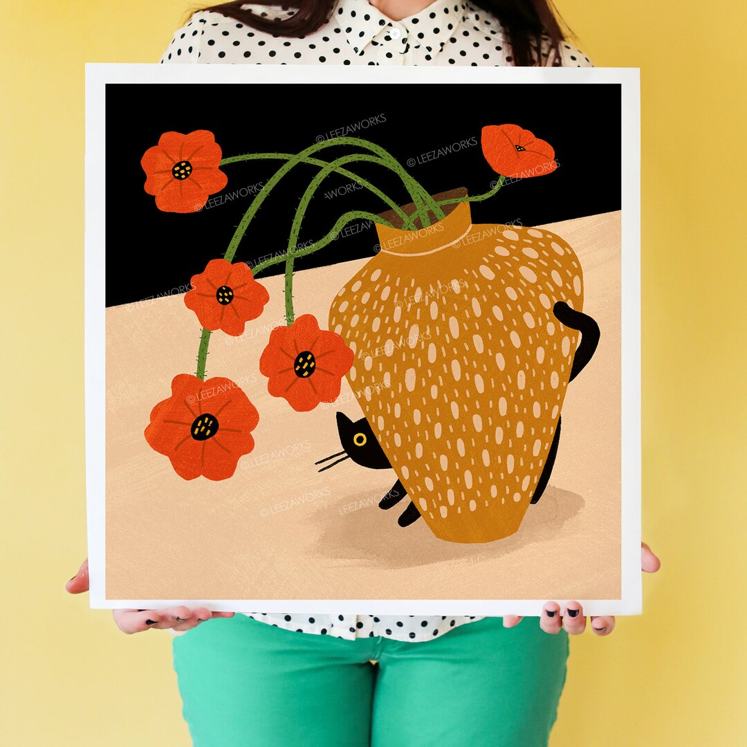 Poppy Cat! Red Poppies in a Vase Black Cat Art Print, Cats and Flowers ...