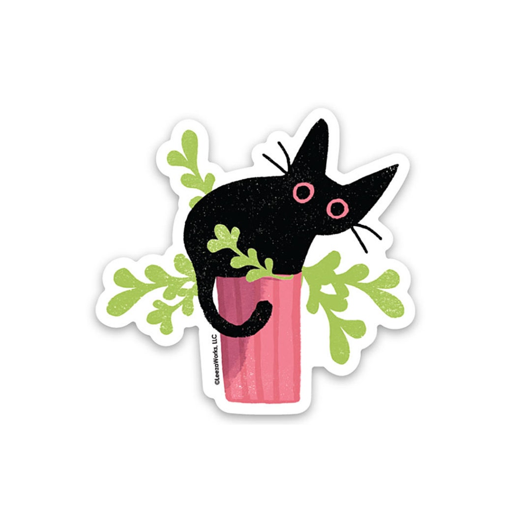 Kitty in A Plant Pot Black Cat Vinyl Sticker, Decal, Adhesive Art ...