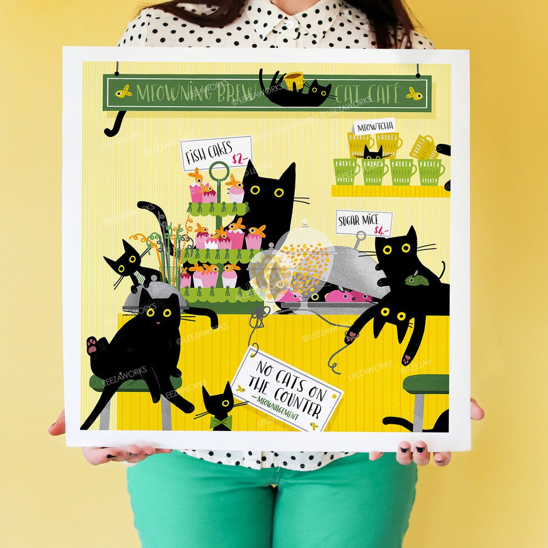 Meowning Brew Cat Cafe Black Cat Art Print, Morning Coffee, Matcha ...