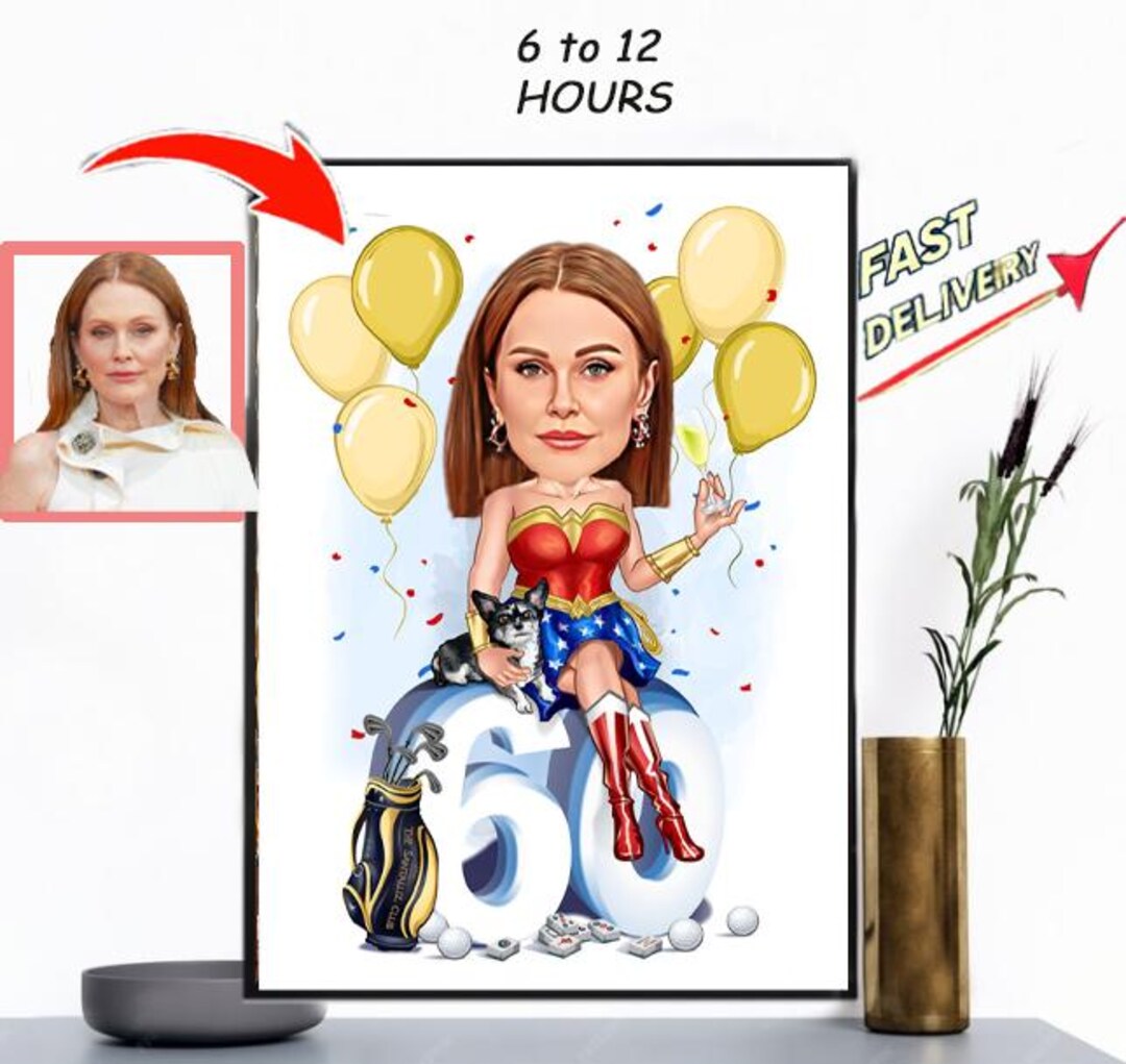 Personalized 60th Women Cartoon Portrait, 60th Birthday Caricature ...